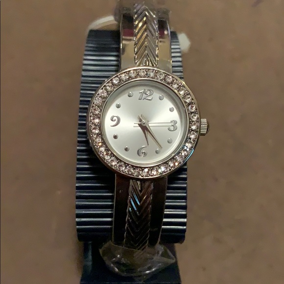 Accessories | Silver Wclear Rhinestone Open Bangle Watch | Poshmark